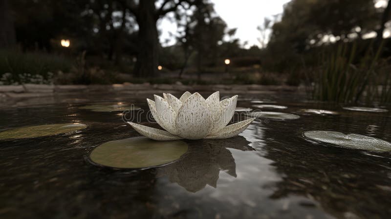 A Still Forest Pond Features a White Lotus Flower, with Sunlight ...