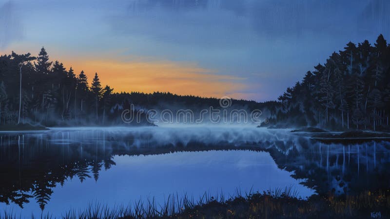Still lake at dawn stock illustration. Illustration of reflecting ...