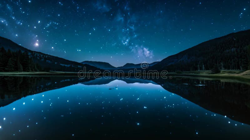 Still Lake Mirrors the Night Sky with Stars Reflected on the Waters ...