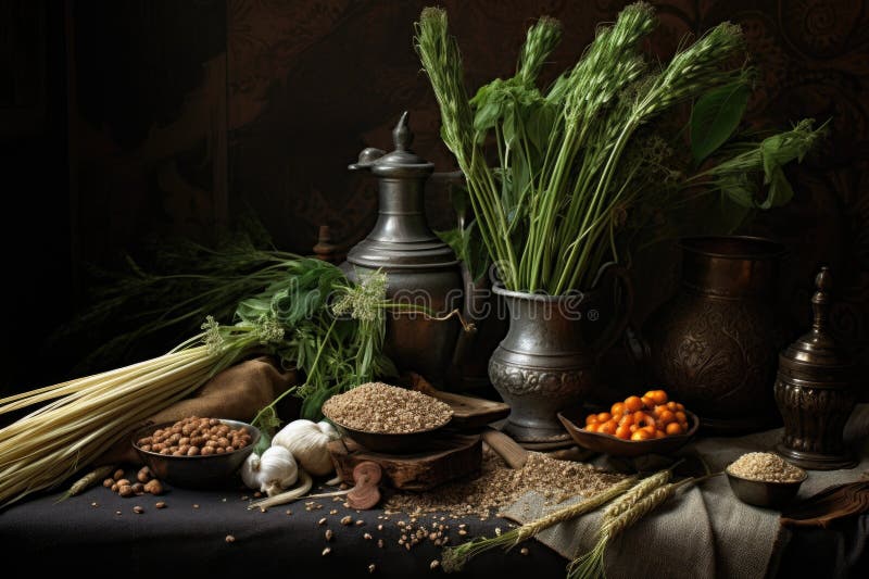 A Still Life with Ancient Grains, Fresh Herbs, and Spices Stock ...