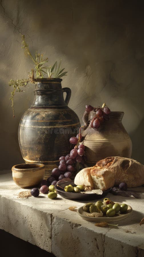 Still Life with Ancient Greek Pottery, Grapes, Olives, and Bread on a ...