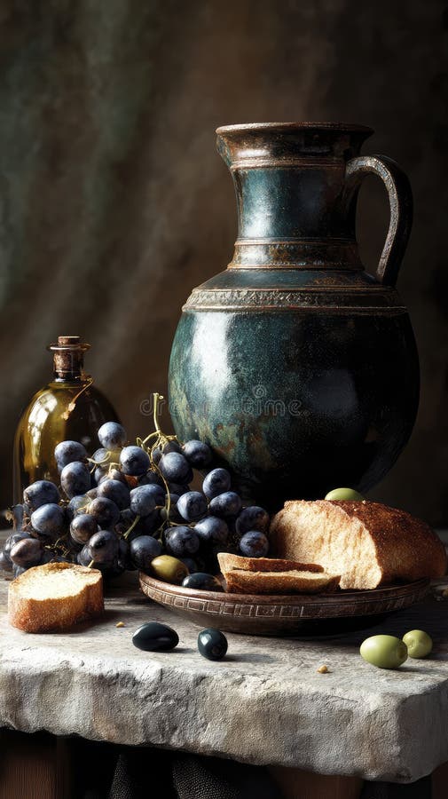 Still Life with Ancient Greek Pottery, Grapes, Olives, and Bread on a ...