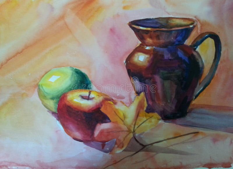 Still Life with an Apple, a Jug and a Maple Leaf. Watercolor Painting ...