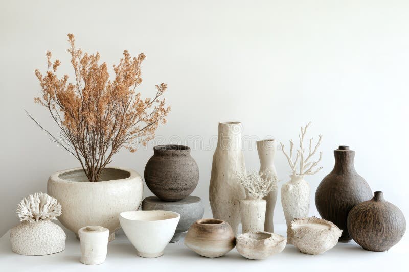 A Still Life Arrangement of Earthenware Pottery and Dried Plant ...