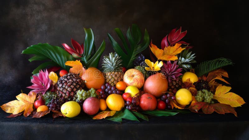 Still Life Arrangement of Fruit, Flowers, and Foliage Stock ...
