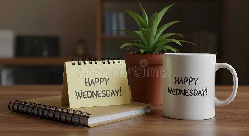 Still Life Arrangement with Happy Wednesday Mug, Plant, and Notebook ...