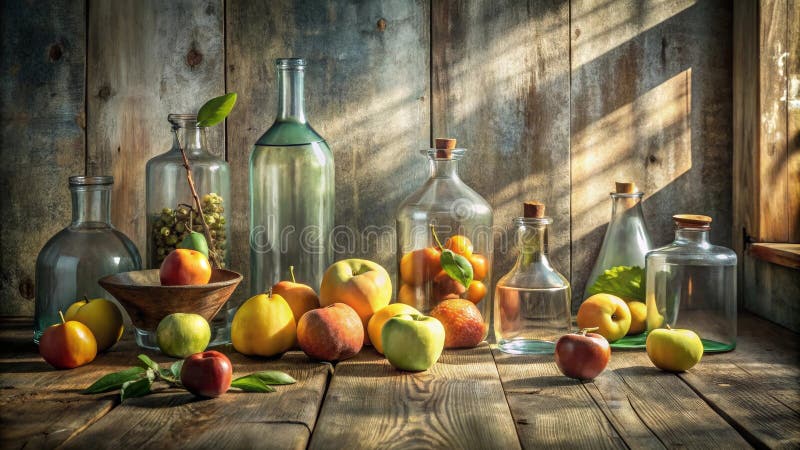 Still Life of Assorted Fruits and Glass Bottles in Sunlight. Generative ...