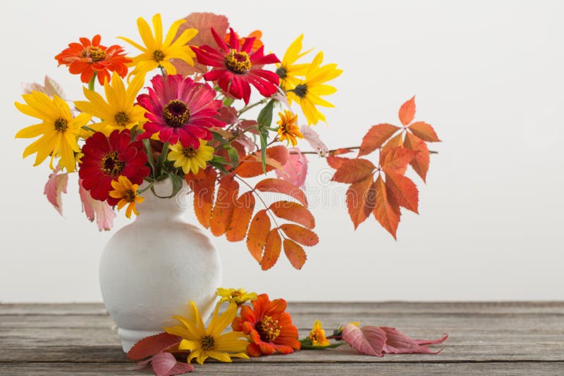 Still Life with Autumn Flowers and Leaves Stock Image - Image of life ...