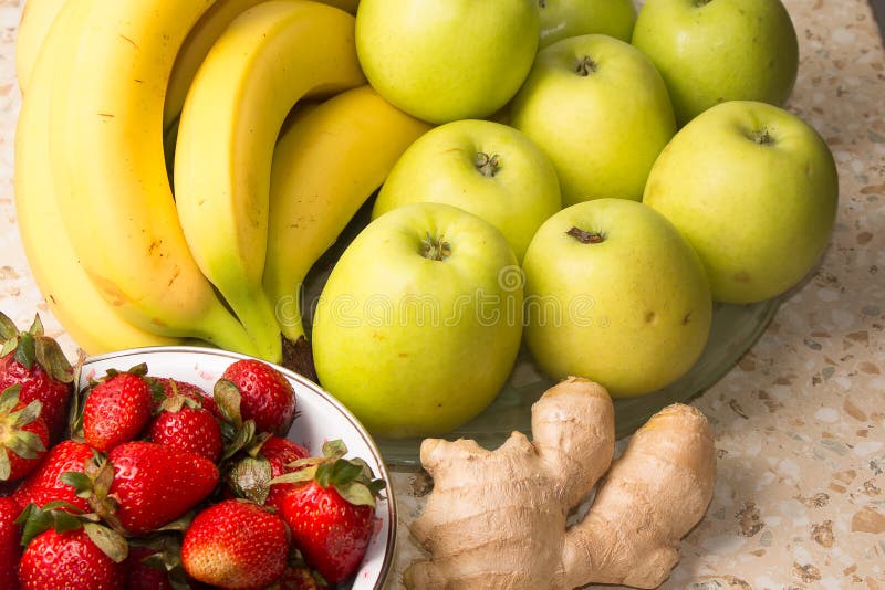 Still Life of Bananas, Apples, Strawberries. Stock Image - Image of ...