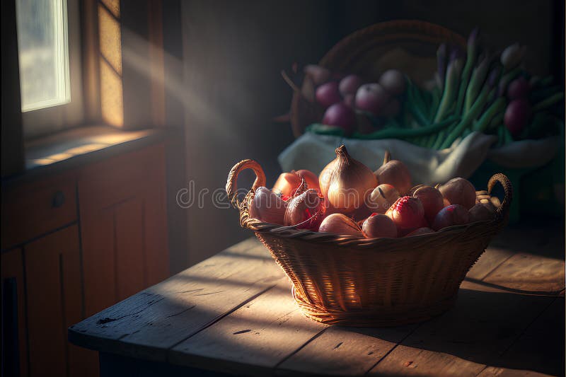 Still Life with Basket of Fresh Vegetables on a Wooden Table in the ...