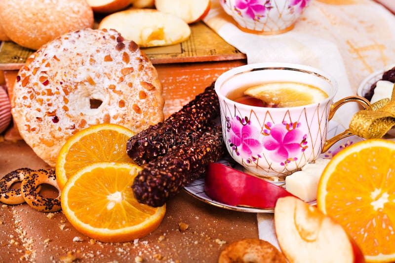 Still Life of Biscuits, Sweets, Chocolates and Tea Stock Photo - Image ...