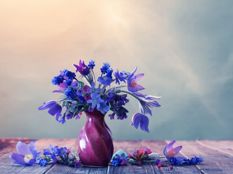 Still Life with Blue Flowers Stock Photo - Image of floral, canvas ...
