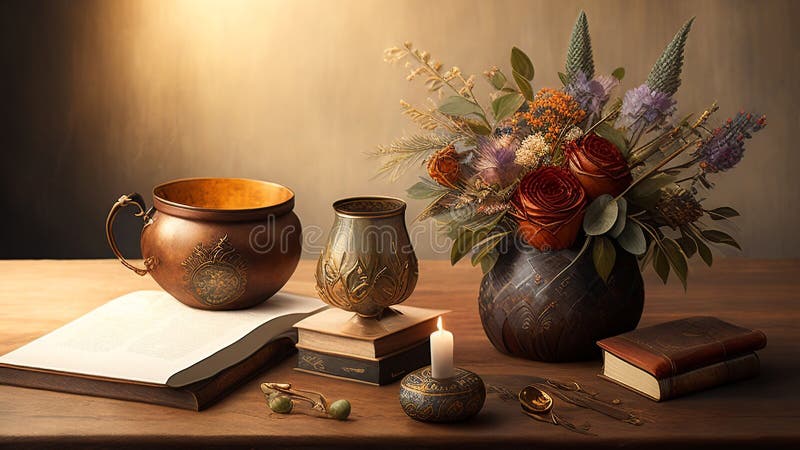 Still Life with Books, Flowers and Candlesticks on Wooden Table. 3d ...