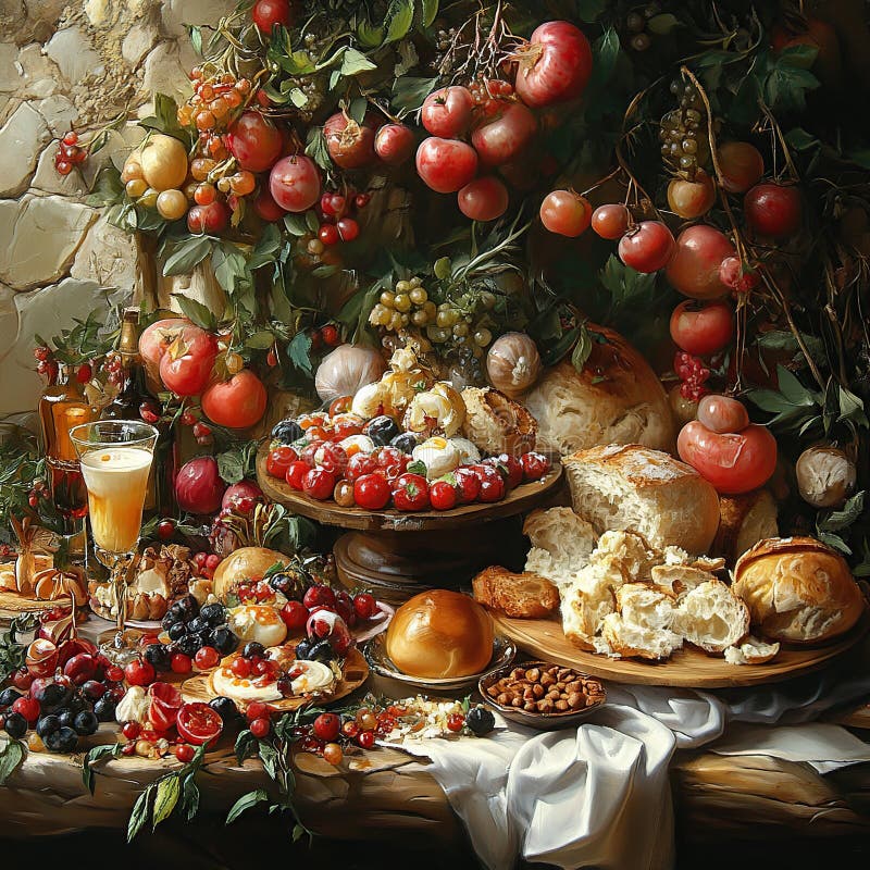 Still Life of a Bountiful Harvest Feast Stock Illustration ...