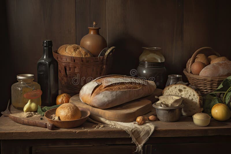 Still Life with Bread and Its Ingredients in Vintage Setting Stock ...