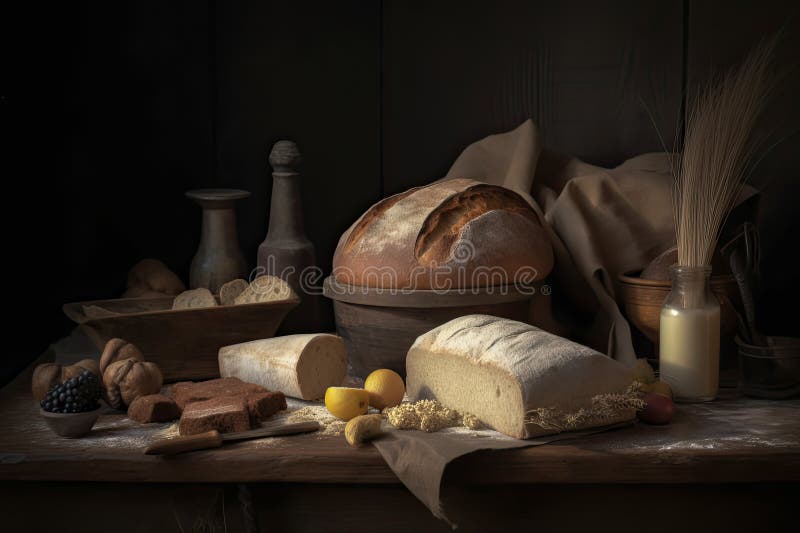 Still Life with Bread and Its Ingredients in Vintage Setting Stock ...