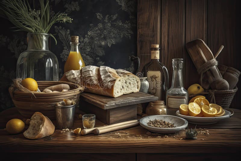 Still Life with Bread and Its Ingredients in Vintage Setting Stock ...