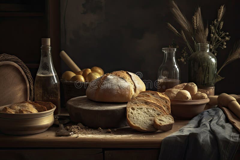 Still Life with Bread and Its Ingredients in Vintage Setting Stock ...