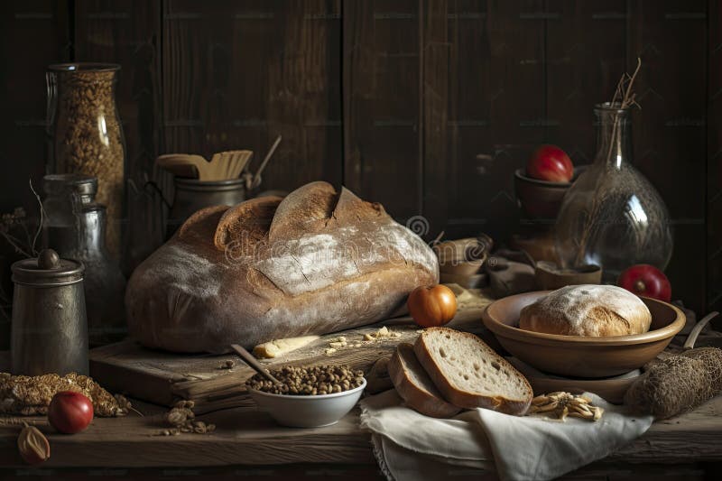 Still Life with Bread and Its Ingredients in Vintage Setting Stock ...