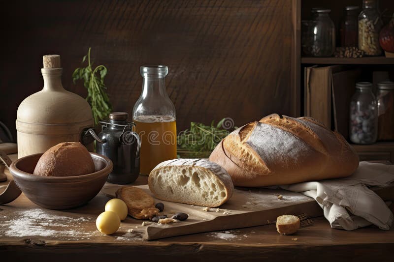 Still Life with Bread and Its Ingredients in Vintage Setting Stock ...