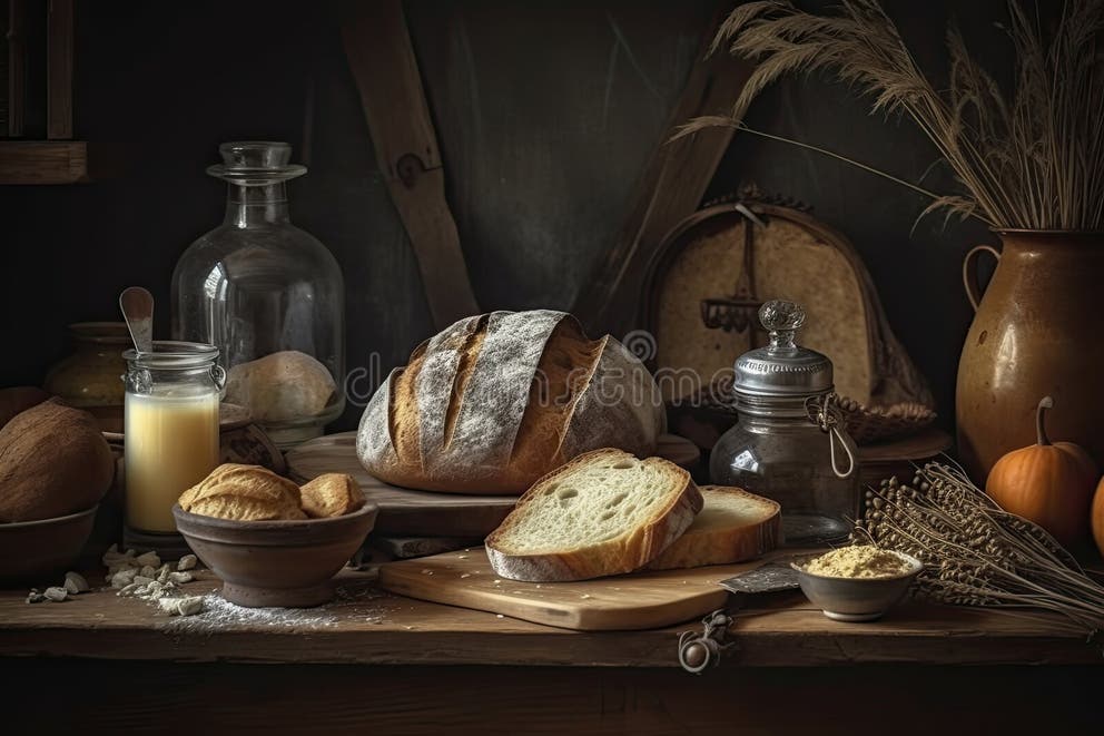 Still Life with Bread and Its Ingredients in Vintage Setting Stock ...