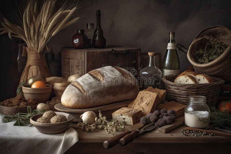 Still Life with Bread and Its Ingredients in Vintage Setting Stock ...