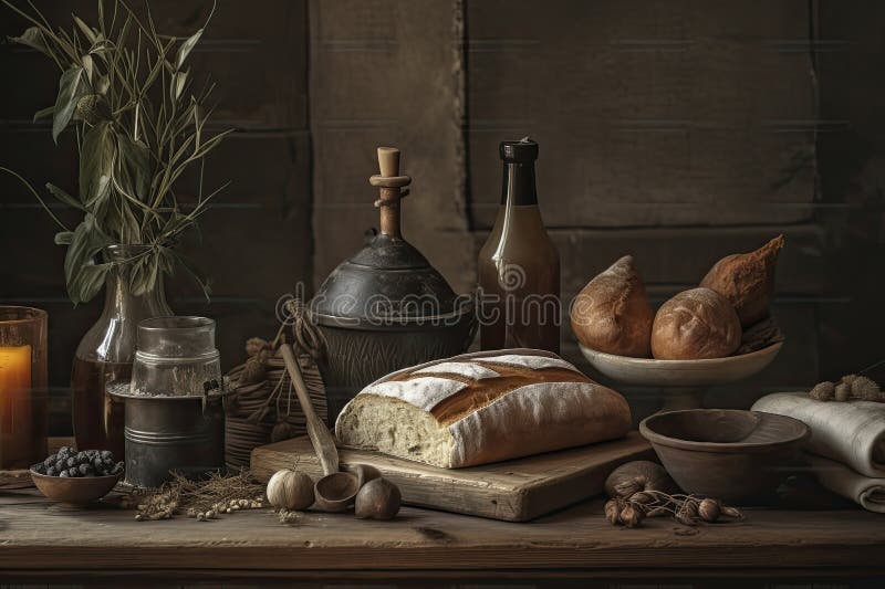 Still Life with Bread and Its Ingredients in Vintage Setting Stock ...