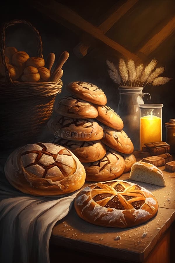 Still Life with Bread and Bread Rolls on a Table in a Bakery Stock ...