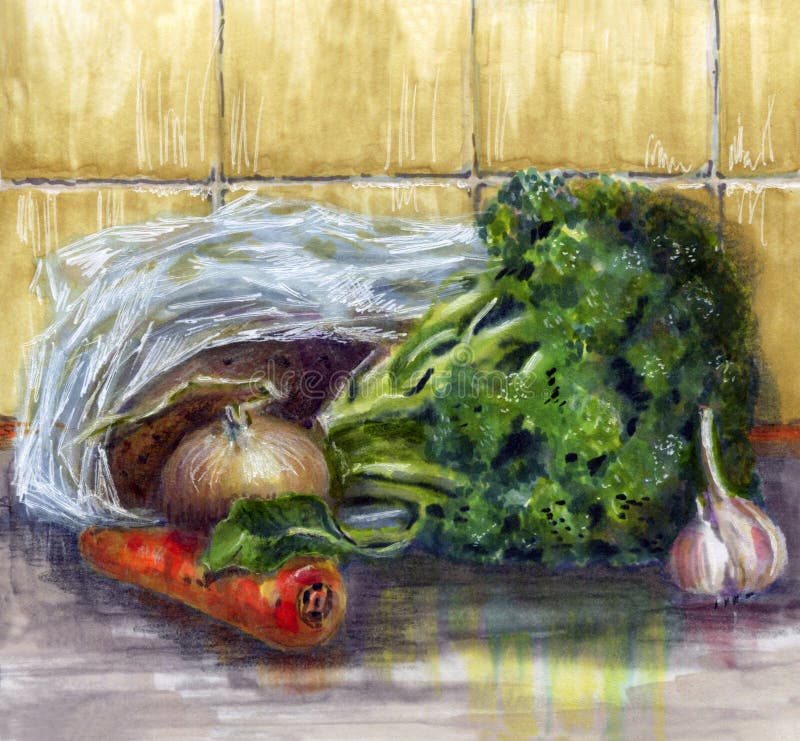 Still Life with Broccoli. Drawing with Markers. Handwork. Stock ...