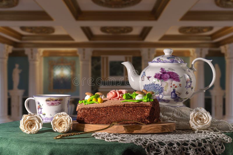 Still Life with Cake and a Cup of Tea Stock Photo - Image of sweet ...