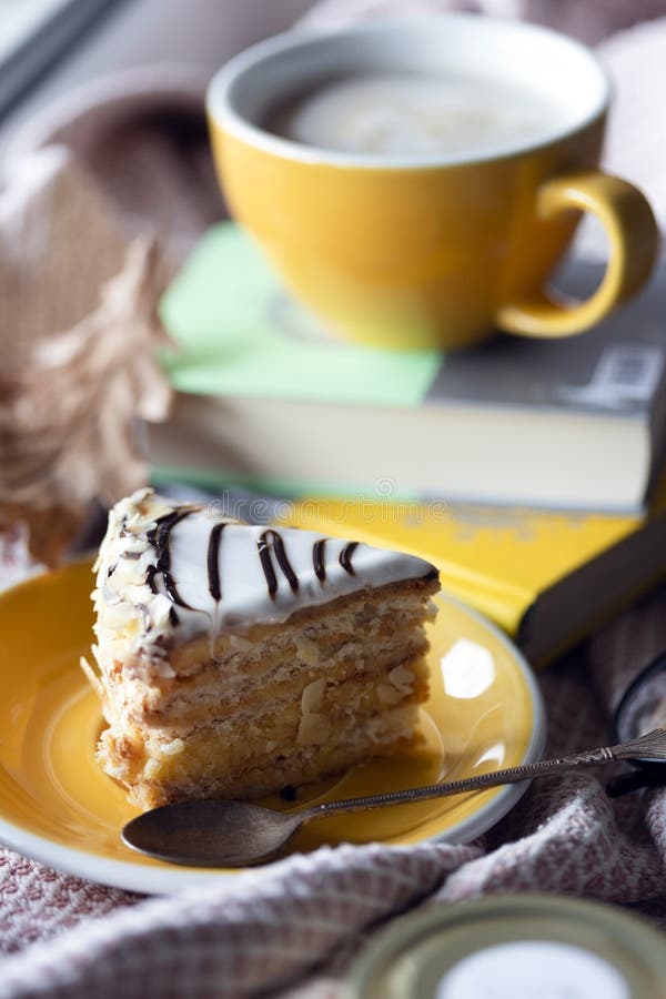Still Life Cake and Yellow Cup with Coffee Stock Photo - Image of ...