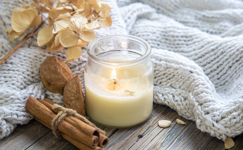 Still Life with a Candle and a Knitted Element. Stock Photo - Image of ...