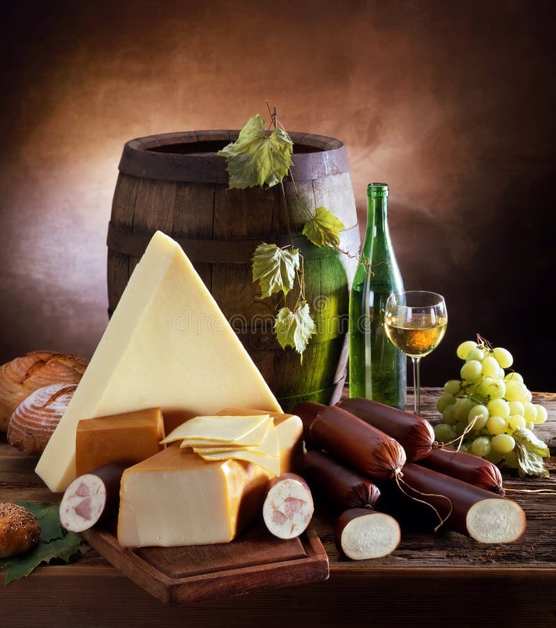 Still Life with Cheese and Wine Stock Image - Image of grape ...
