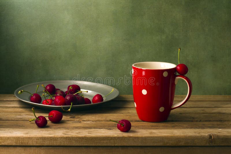 Still Life with Cherries and Red Cup Stock Image - Image of horizontal ...