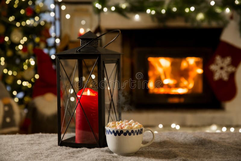 Still Life with Christmas Lantern, Cocoa with Marshmallow and Fireplace ...