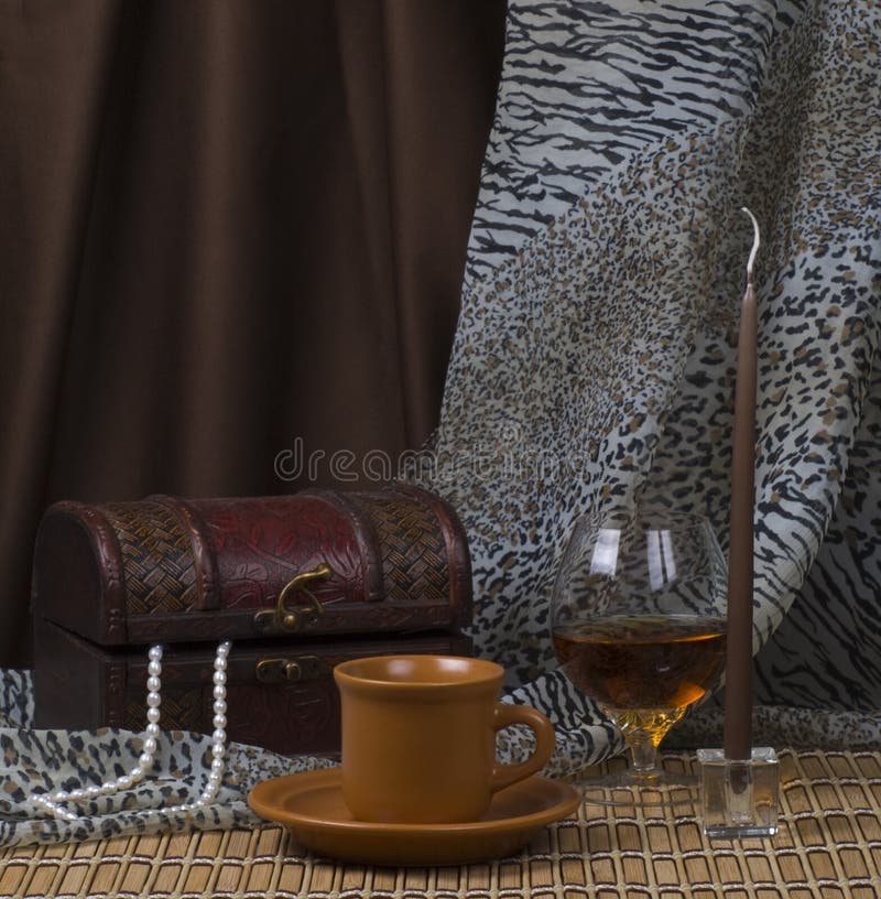 Still Life. Coffee, Candle, Alcohol. Stock Image - Image of decoration ...