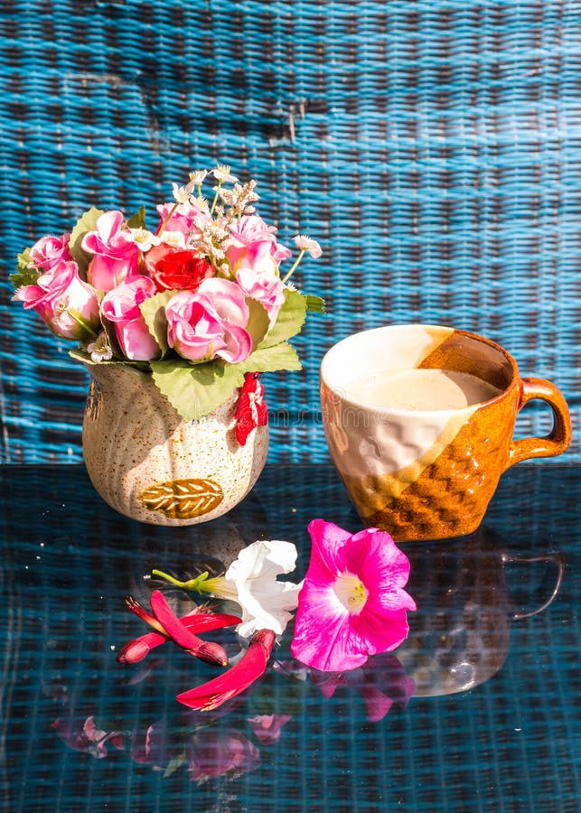 Still Life , Coffee Cup with Rose Plastic, Erythrina Variegata Stock ...