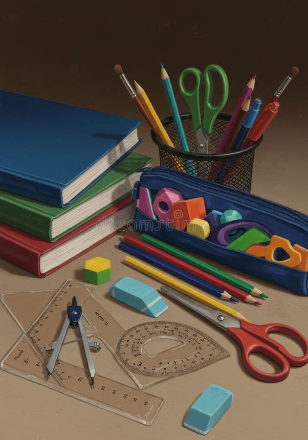 Still Life of Colorful School Supplies on a Desk Stock Illustration ...