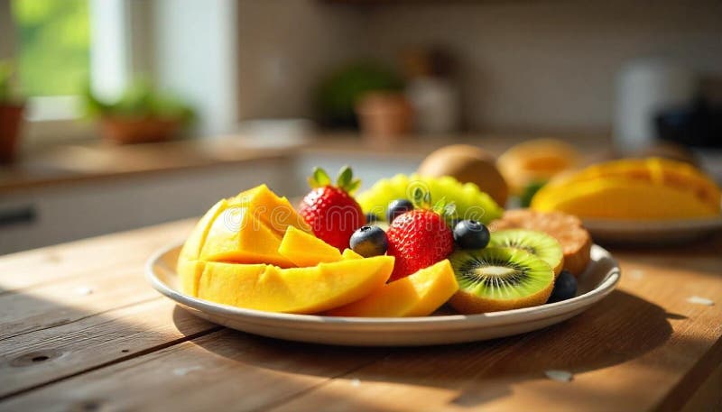 Assortment of Fresh Tropical Fruits on Plate, Bright Background Stock ...