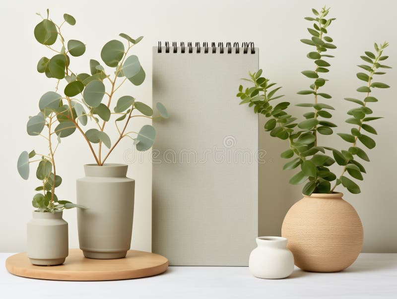 Still Life Composition Blank Note Book Flower Pot Table Stock Photos ...