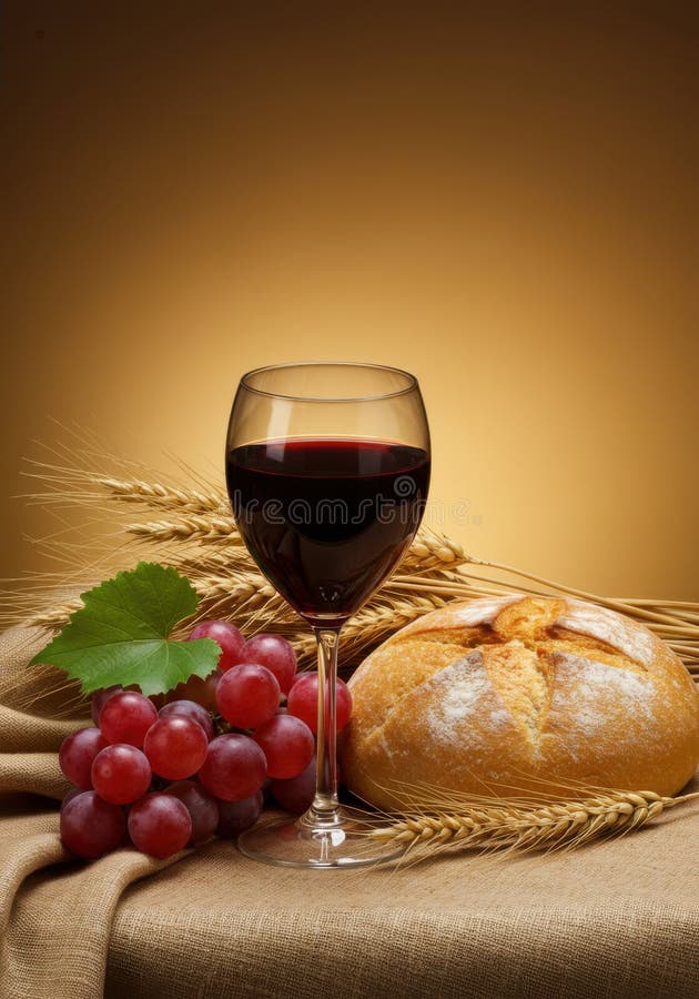Still Life Composition Featuring Elements of Wine, Fruit, Grain, and ...