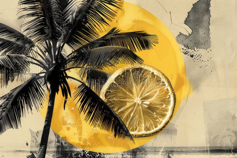 A Still Life Composition Featuring a Lemon and a Palm Tree in a Black and White Photography ...