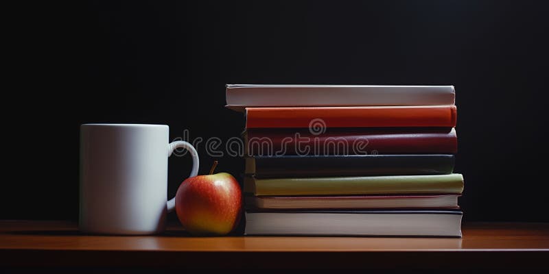Still Life Composition Featuring a Mug an Apple and a Stack of Books on ...