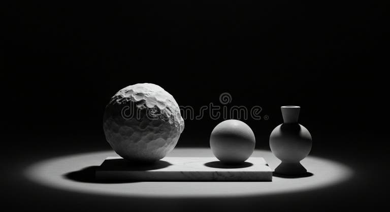 A Still Life Composition Featuring Three White Objects on a Rectangular ...