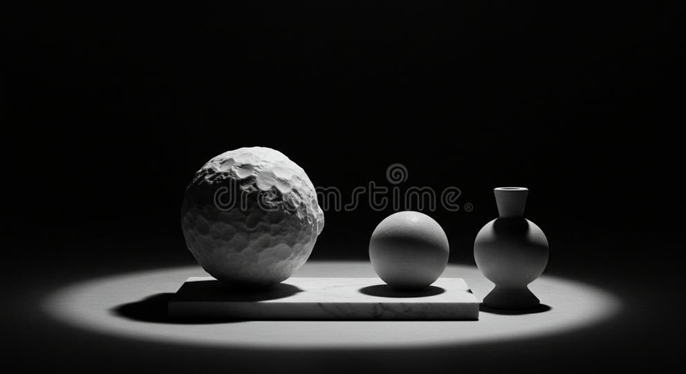 A Still Life Composition Featuring Three White Objects on a Rectangular ...