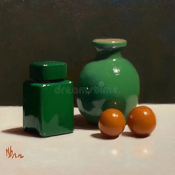 Still Life Composition Featuring Two Emerald Green Containers and Two ...