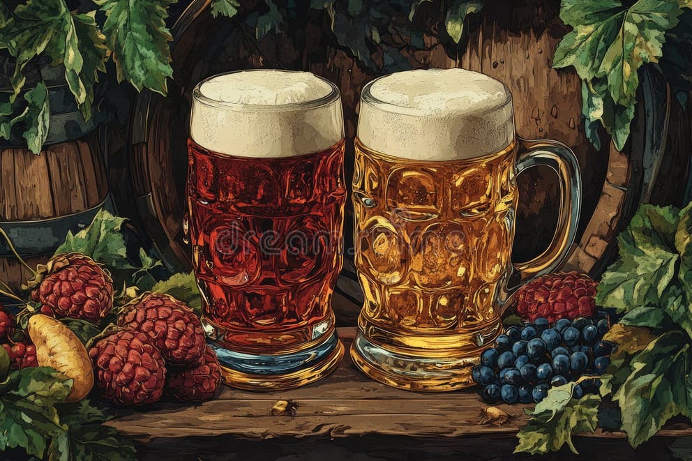A Still Life Composition Featuring Two Mugs of Beer and a Cluster of ...