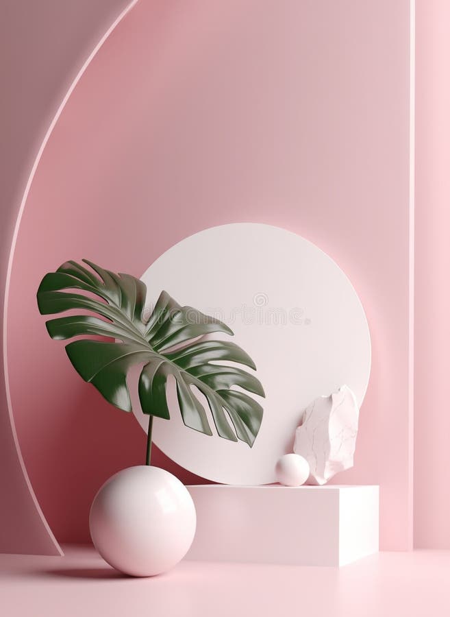 Still Life Composition with Geometric Shapes and Monstera Leaf, on Pink ...
