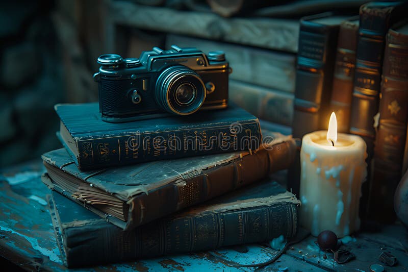 Still Life Composition a Vintage Camera Placed on a Stack of Antique ...