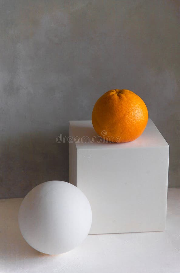 Still Life Concept with Grape Fruit on White Geometric Cube with Sphere ...
